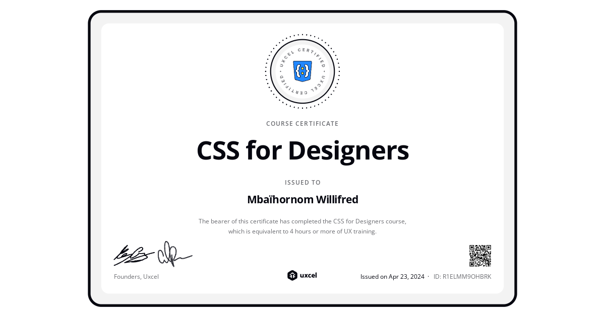 Certificate of completion for CSS Foundations | Uxcel